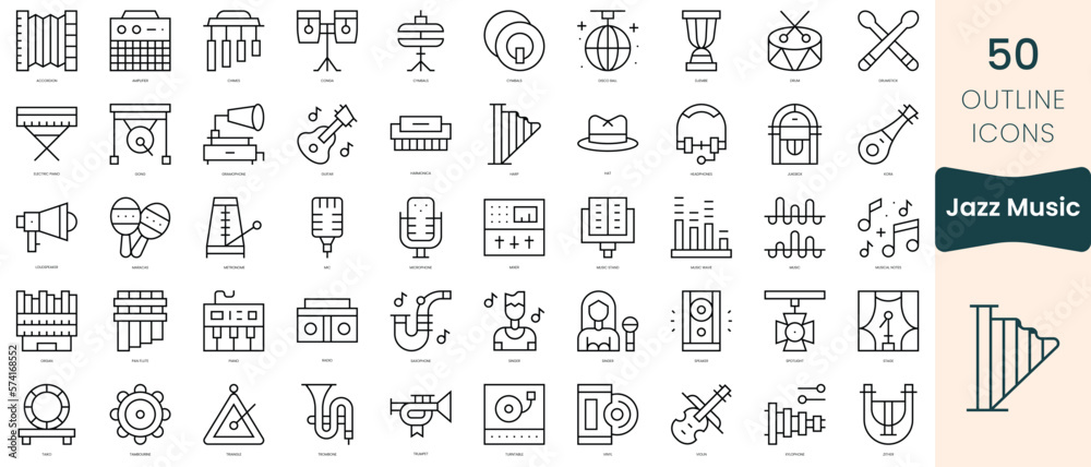 Set of jazz music icons. Thin linear style icons Pack. Vector ...