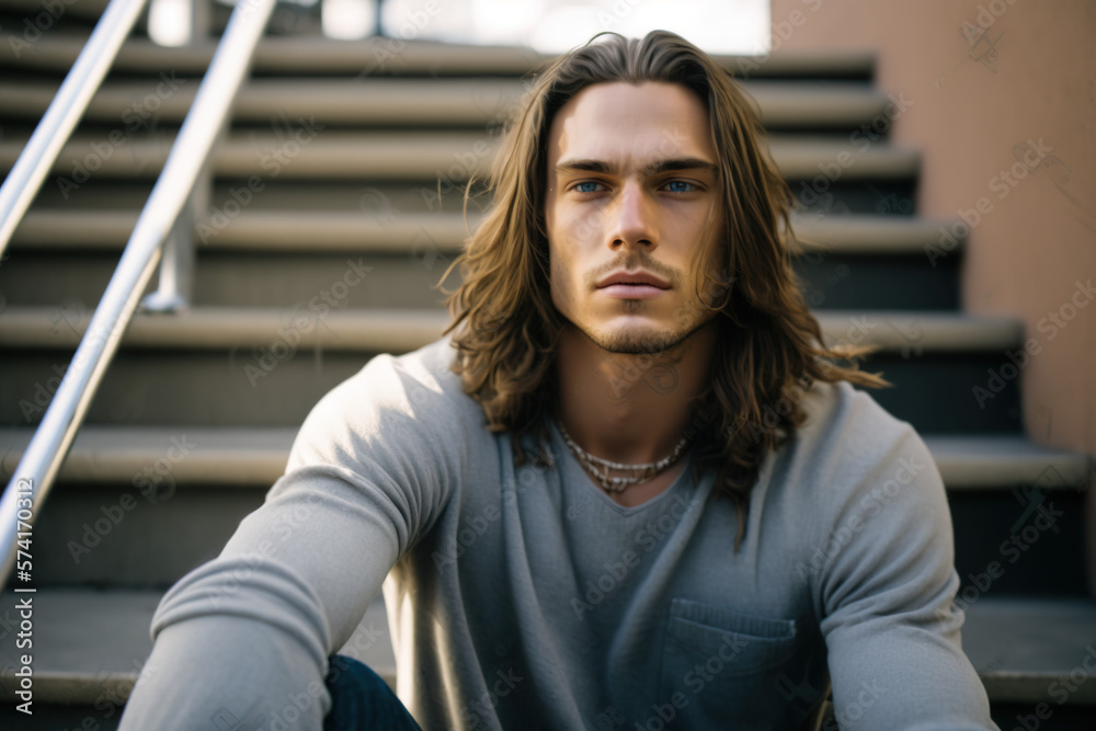 Long haired young man sitting on some stairs. generate by ai Stock ... Long haired young man sitting on some stairs. generate by ai Stock ...