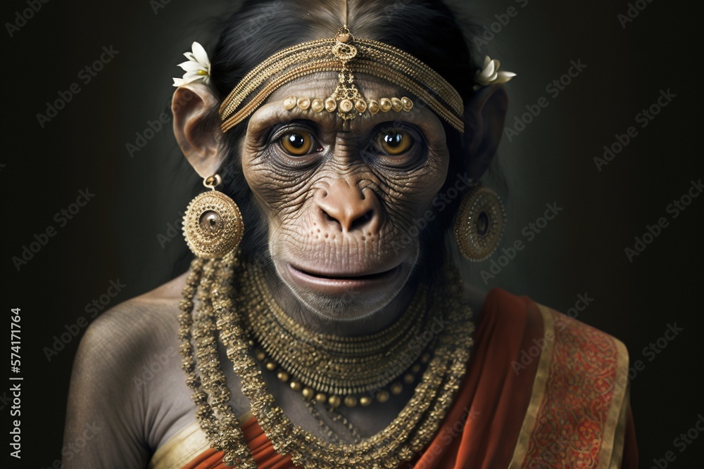 Studio portrait of a female chimp wearing traditional Indian bridal ...