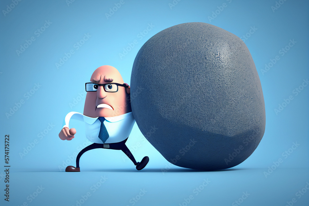3D cartoon character cute businessman pushing concrete ball, image ai ...