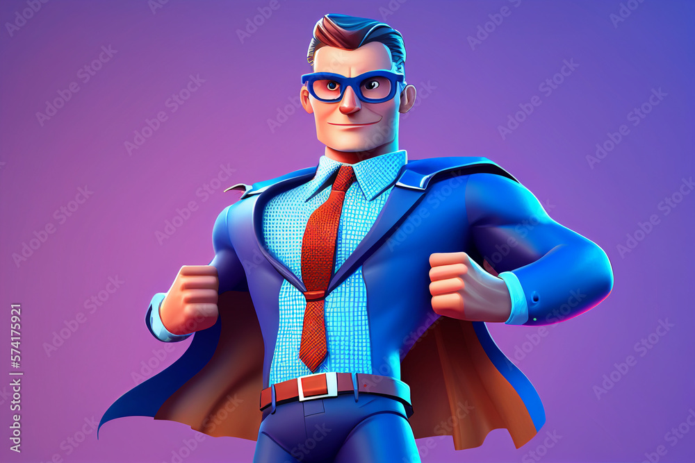 3d cartoon character cute smiling businessman superhero in a suit ...