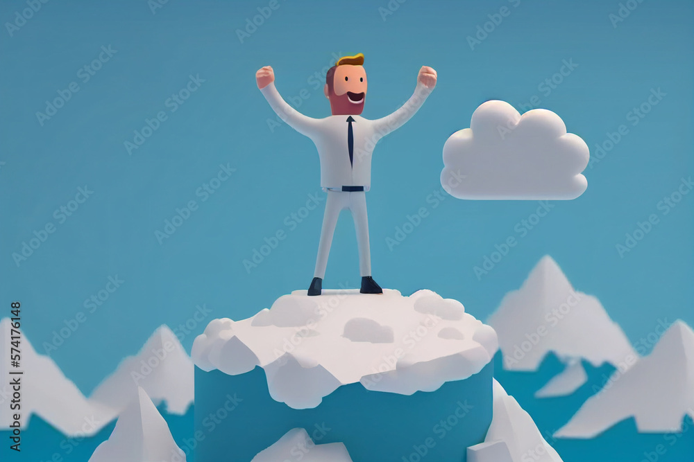 3d cartoon character businessman on mountain top over sky, Business ...