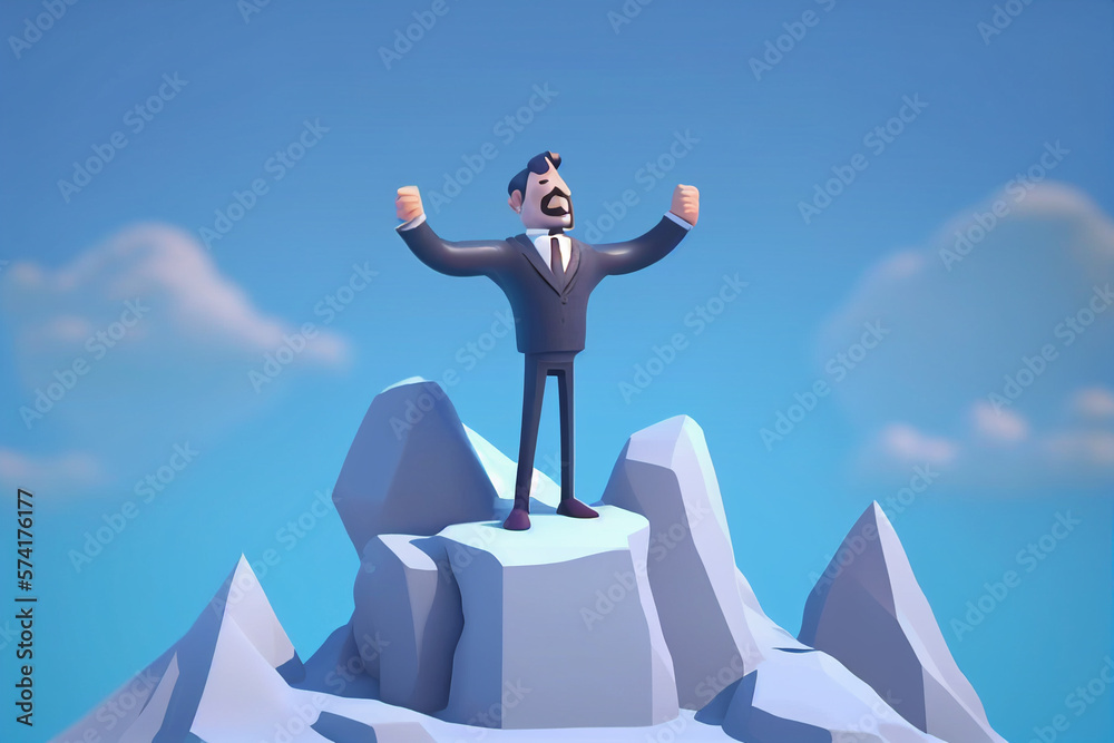 3d cartoon character businessman on mountain top over sky, Business ...