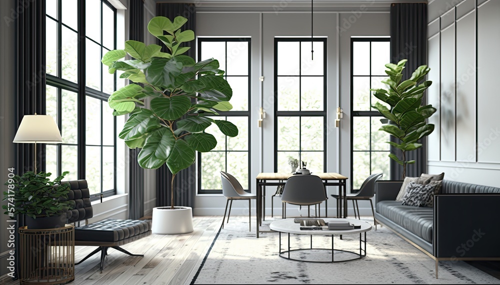 Modern design living room and dining room with fiddle leaf fig tree ...
