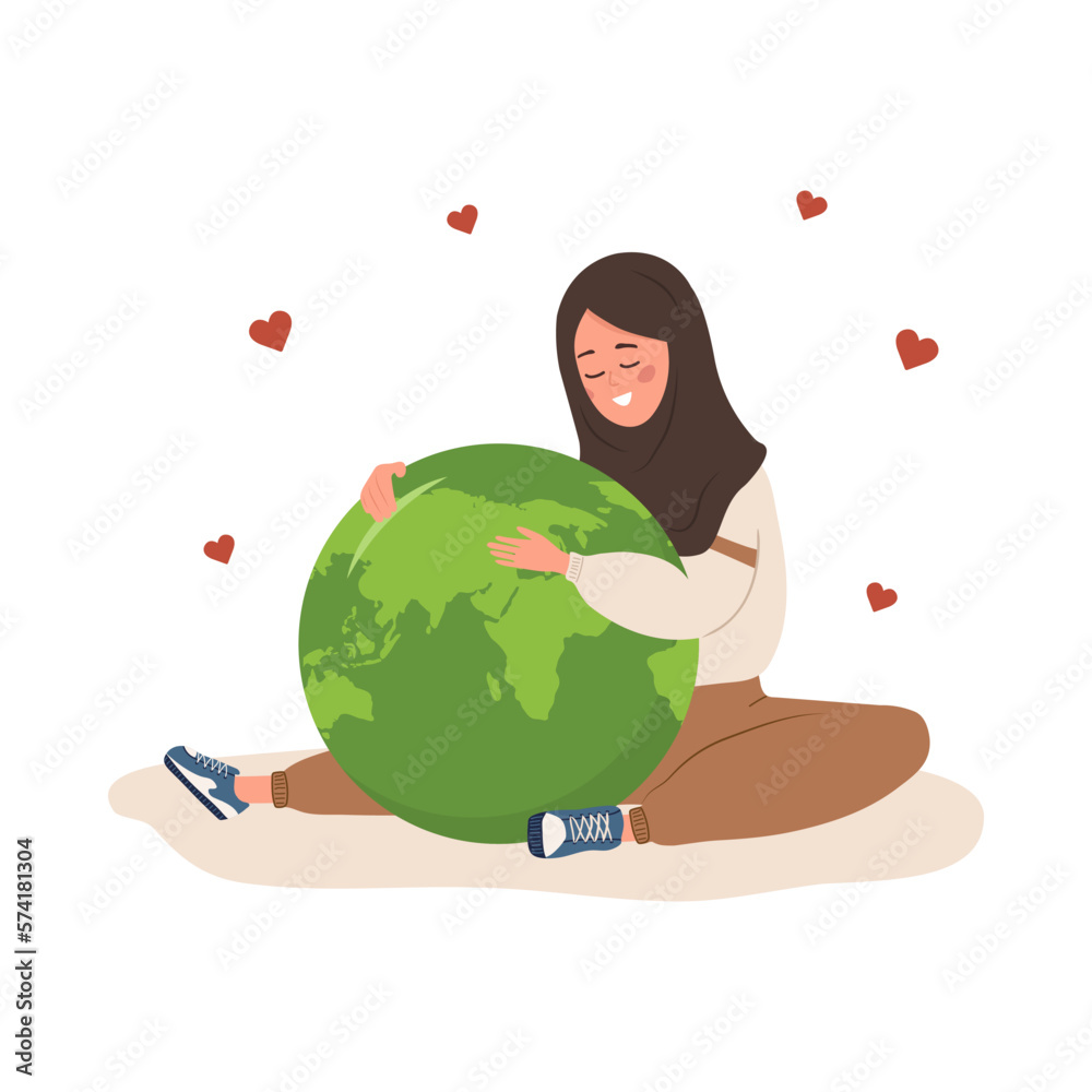 Love the planet concept. Smiling arabian woman embrace Earth globe with ...