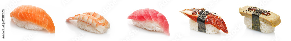 Nigiri collection, on a white background. Delicious seafood dish with ...