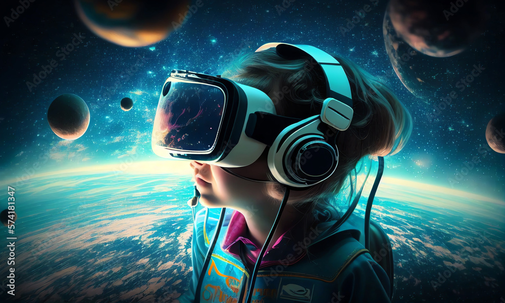 Metaverse digital cyber world technology of cute little girl in cyber ...