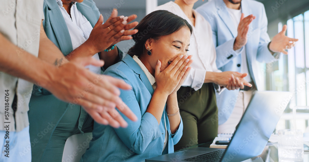 Clapping, laptop and winner woman in office success, congratulations ...
