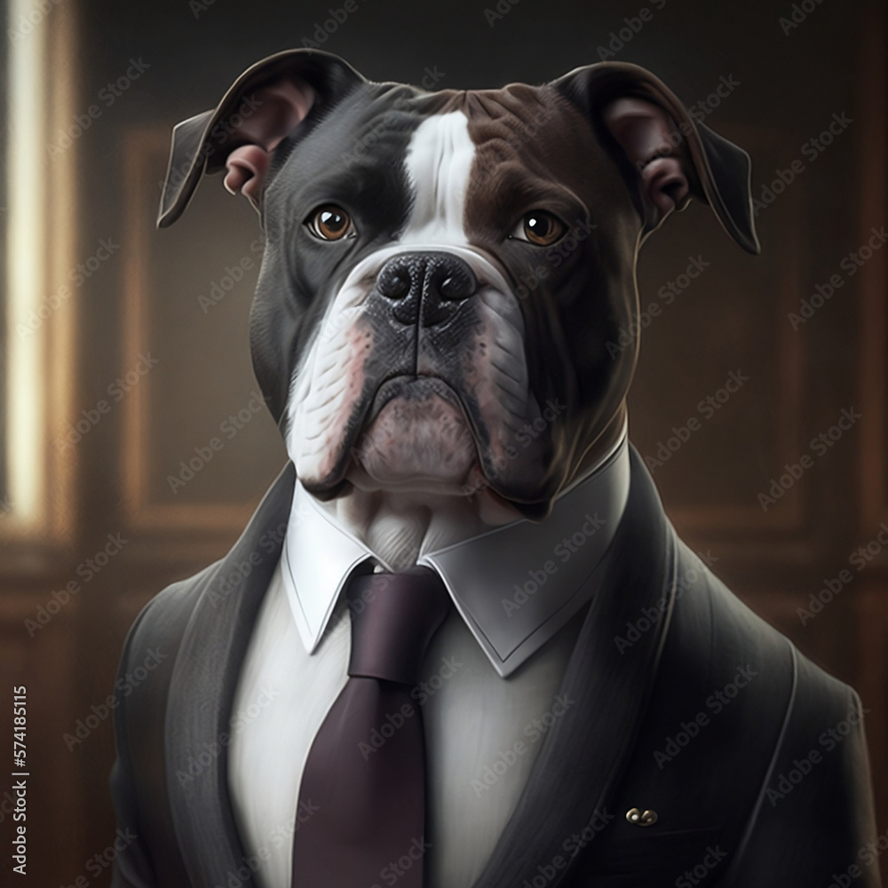 Dog Portrait as businessman in a stylish classic suit in the office ...
