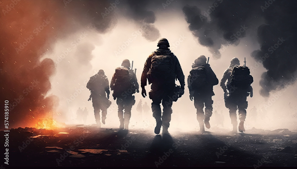 poster with a detachment of military soldiers with weapons on ...