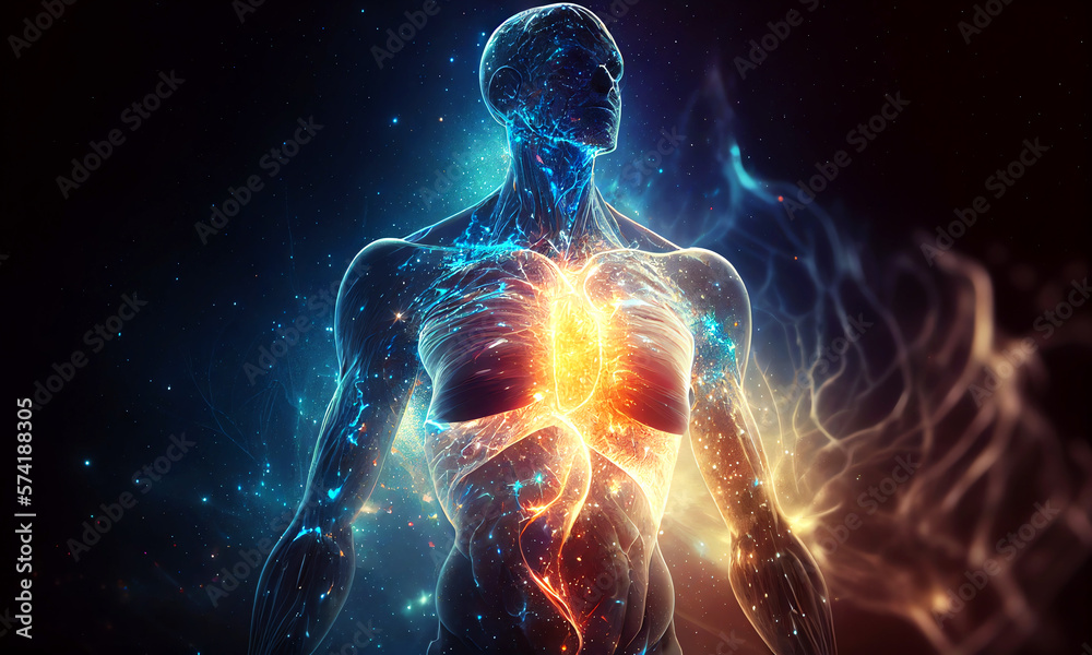 Astral body silhouette with space background and ray of astral light ...