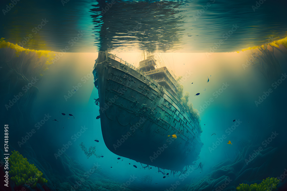 Sunken shipwreck at the bottom of the mediterranean sea. Neural network ...