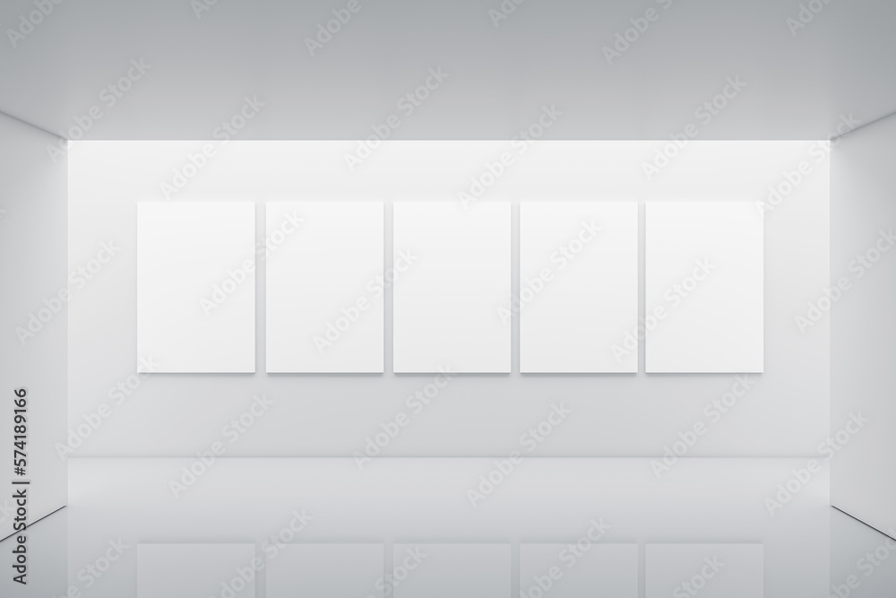 Front view on lots of white blank posters with space for your logo or ...