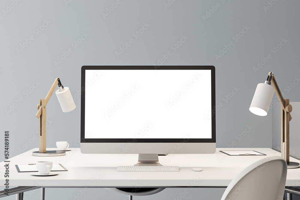 Front view on blank white modern computer monitor with place for your ...