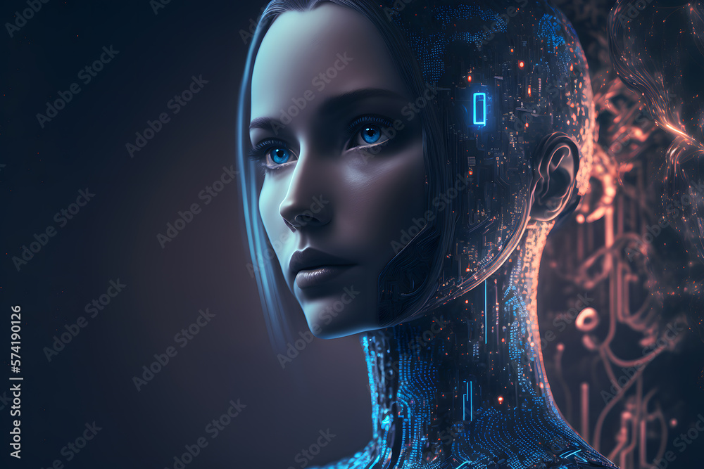 Modern futuristic female humanoid robot portrait with technology ...