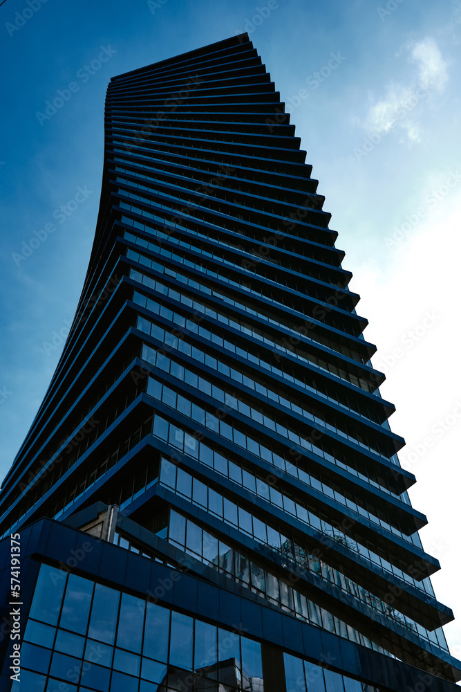 Bottom view of the black tower of skyscrapers Axis Towers Art Nouveau ...