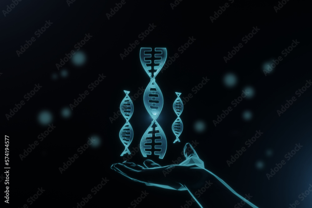 hologram hand holding DNA. biology concept with blue DNA helix gene or ...