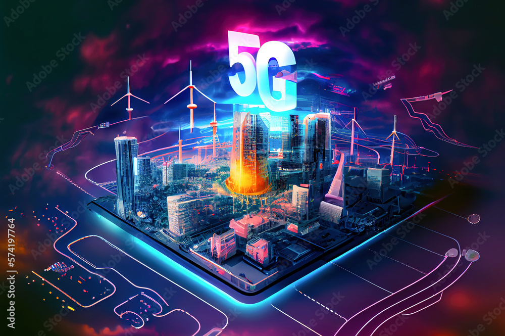 Smart city and super fast 5G communication network isometric 3D ...
