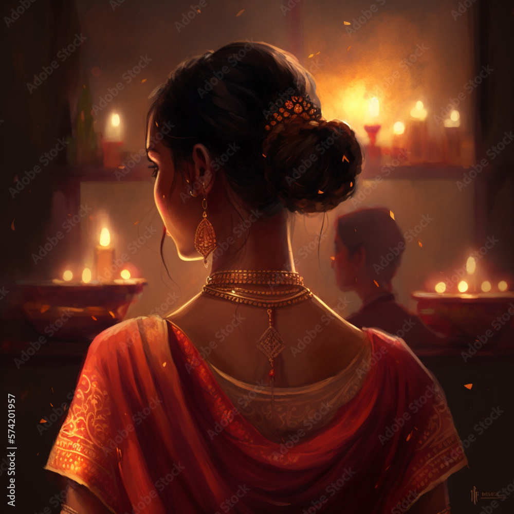 Back view of an indian woman celebrating diwali. Generative AI. Stock ...