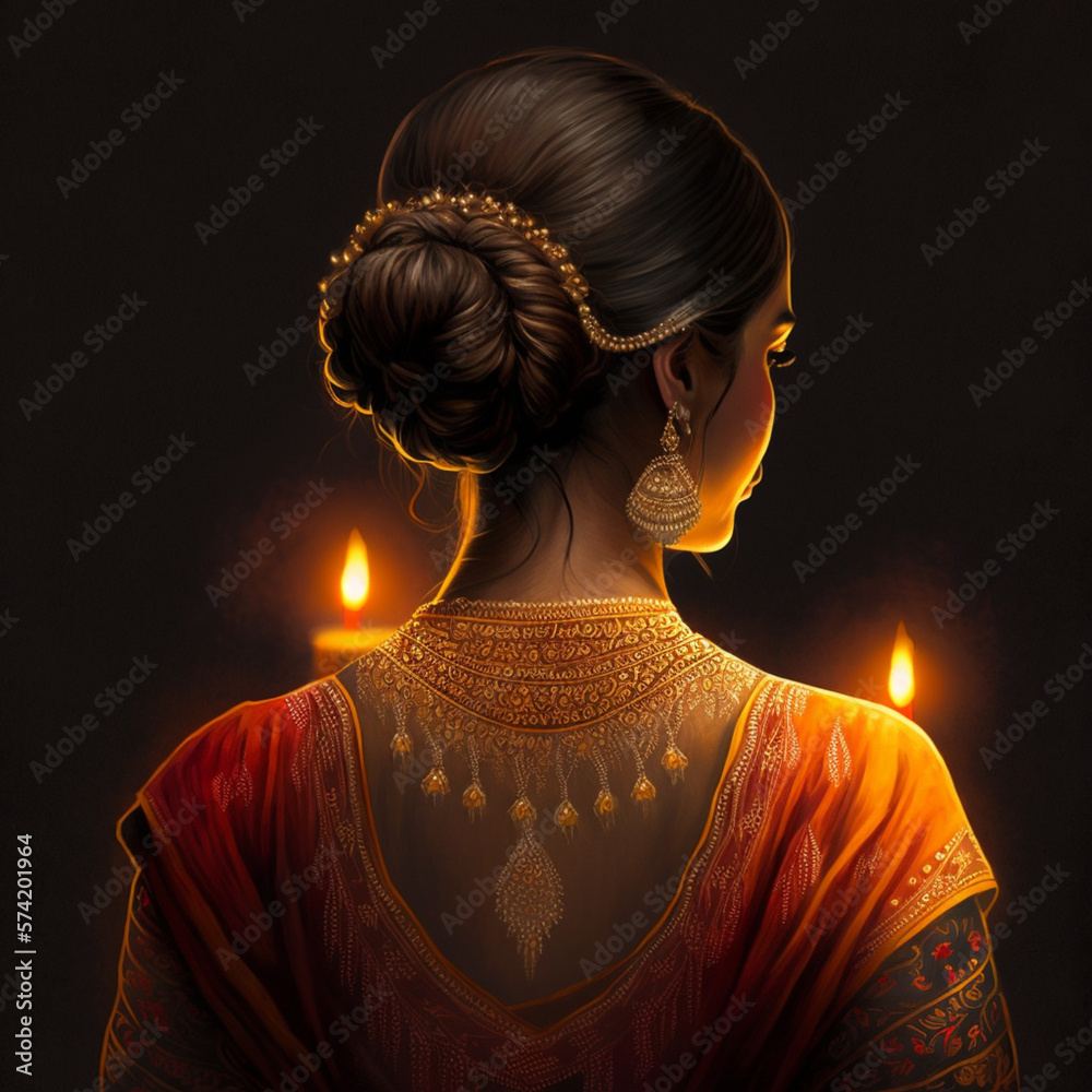 Back view of an indian woman celebrating diwali. Generative AI. Stock ...