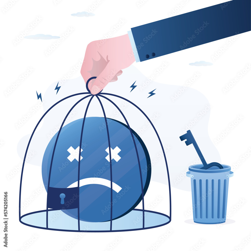 Human hand close bad mood and negative emotions in cage. Key in trash ...