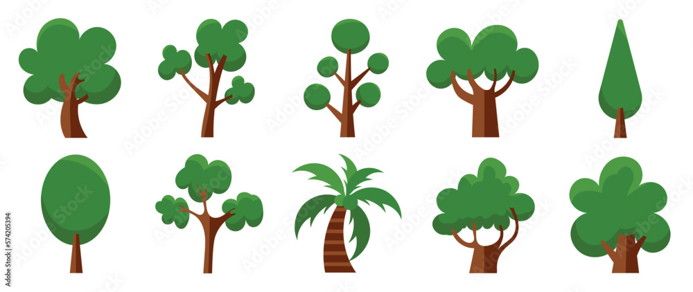 Set of cartoon trees vector. Simple modern style flat forest, jungle ...