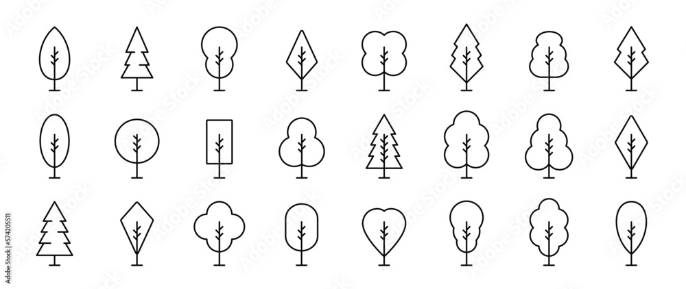 Set of trees linear vector icon. Geometric tree shape, plants, pine ...