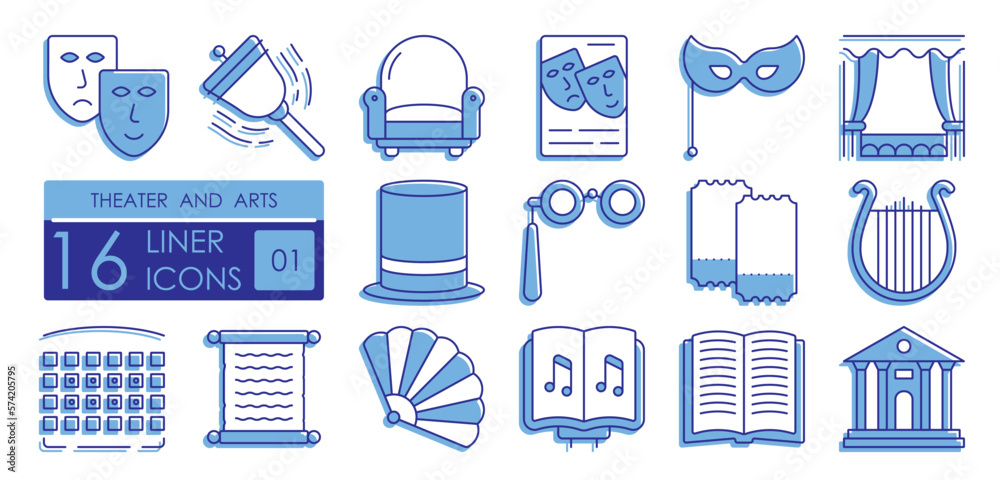 Vetor de Set of color filled linear icons. Theatrical performances and ...