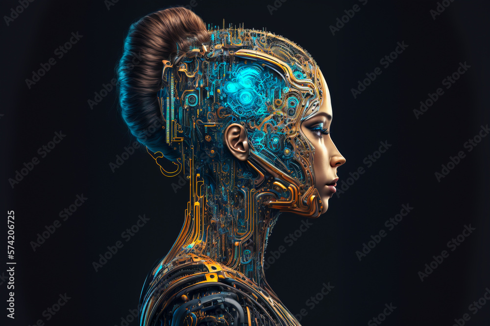 Facial profile of cyborg or robot woman. There seen electrical circuit ...