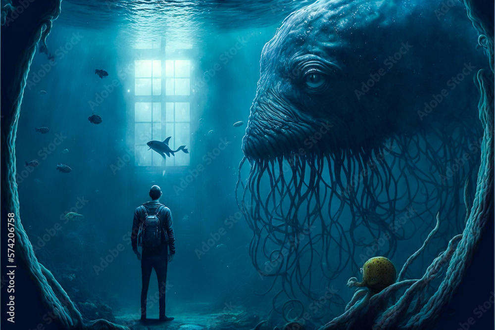 Deep sea, anxious dark fantasy concept illustration. Man standing alone ...