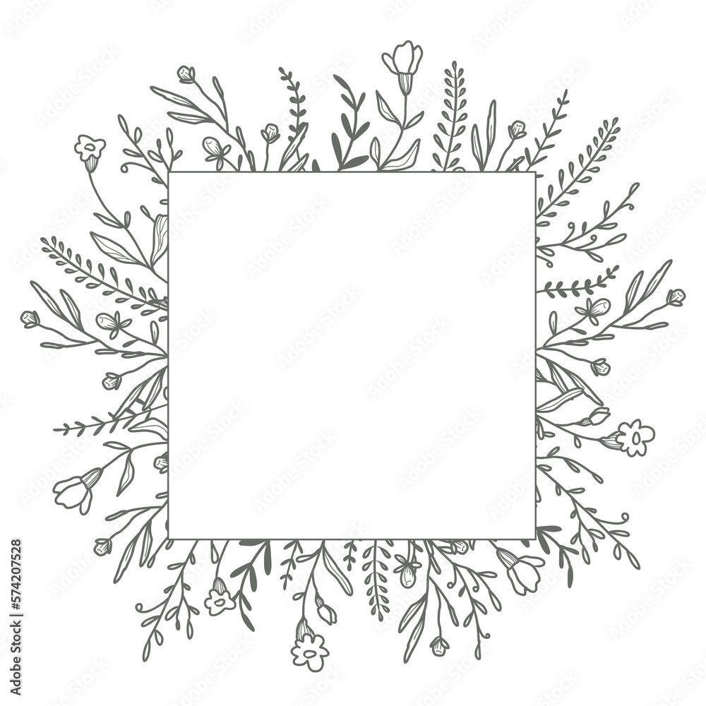 Elegant floral frame. Hand drawn flowers for logo template in line art ...