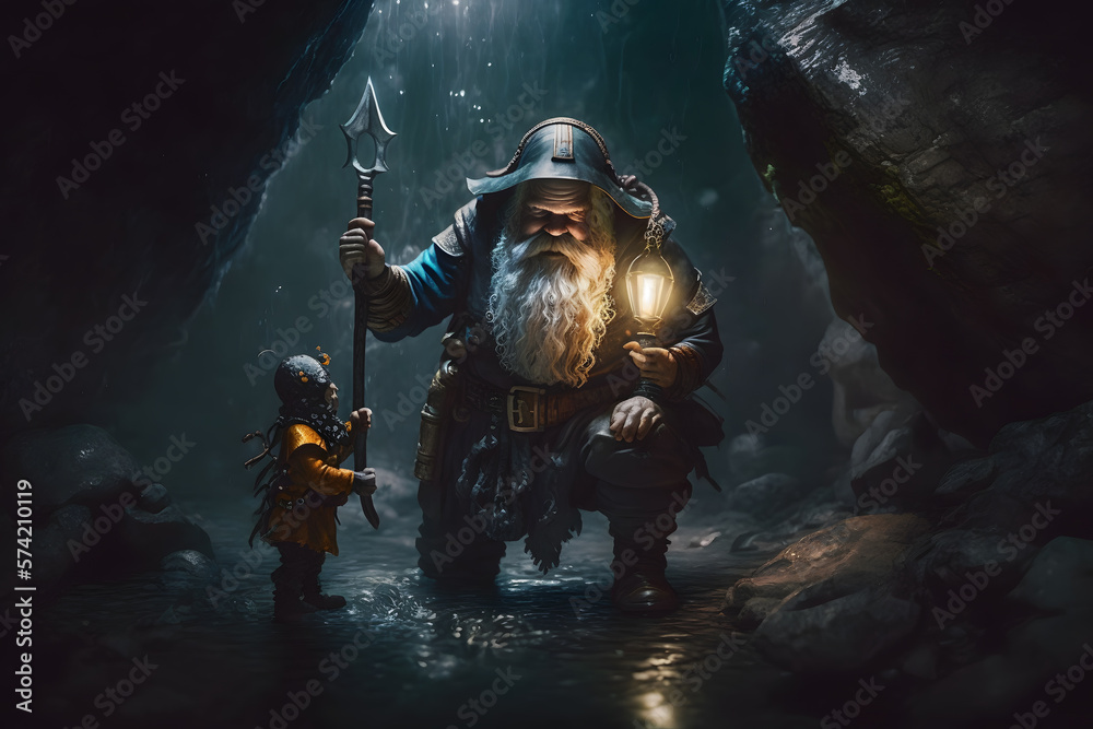Warrior gnome in dark cave corridor with fantasy staff. Neural network ...