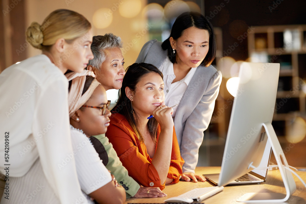 Business, women and creative collaboration on computer at night in ...