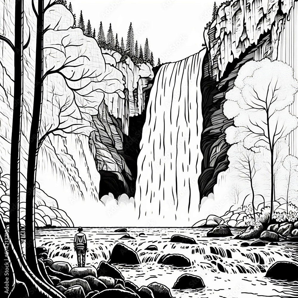 Waterfall landscape in black and white illustration of coloring book ...