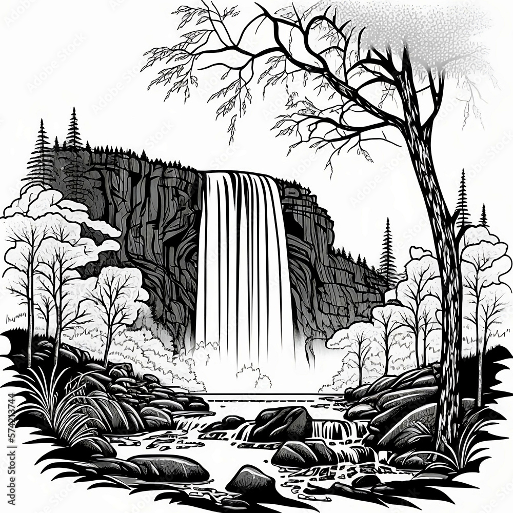 Waterfall landscape in black and white illustration of coloring book ...