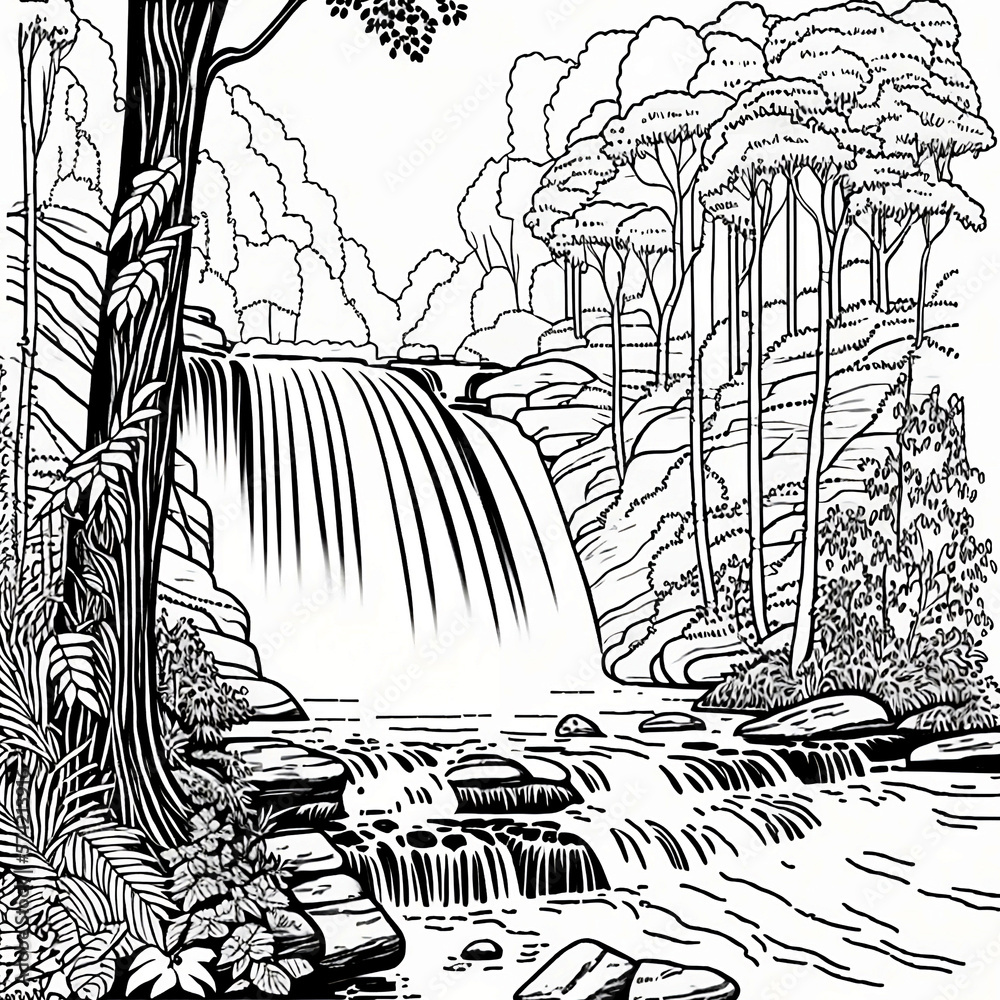 Waterfall landscape in black and white illustration of coloring book ...