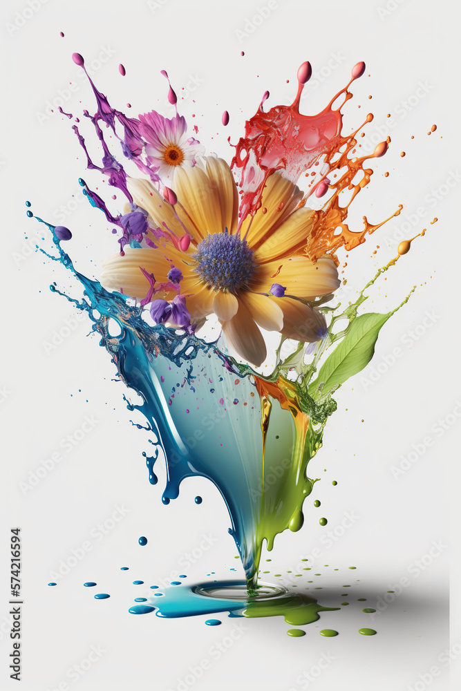 Levitating of spring or summer colorful flower bouquet with liquid ...