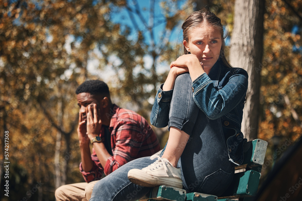 Hiking, conflict and couple argue in a forest, annoyed and sad while ...