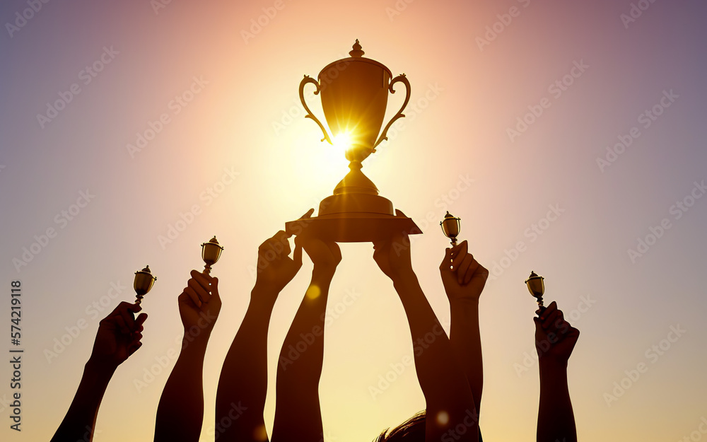 Silhouette Business team holding award trophy show victory business ...