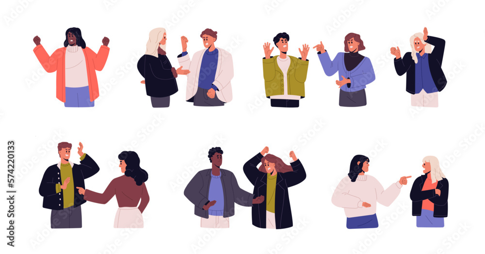 Angry people in conflict, quarrel, fight set. Aggressive characters in ...