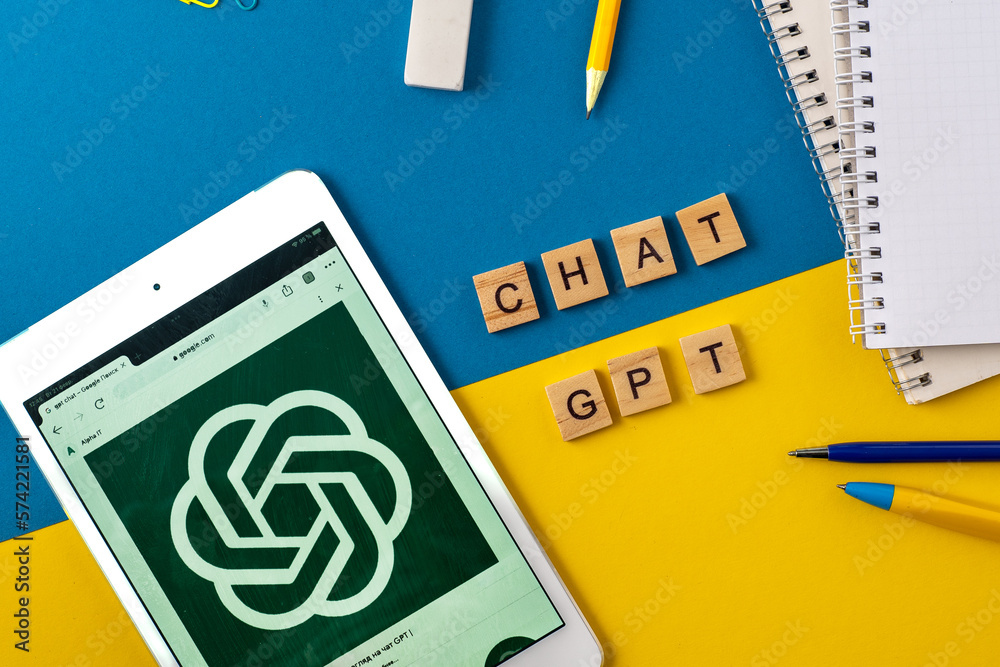 ChatGPT background. Words in wooden letters. Chat with AI. Phrase on a ...