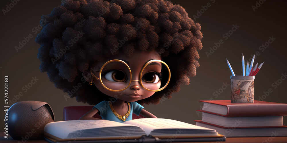 Child reading a book. Cartoon school student girl with afro hair and ...
