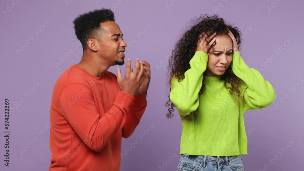 Young couple two actors family man woman wear casual clothes start play ...