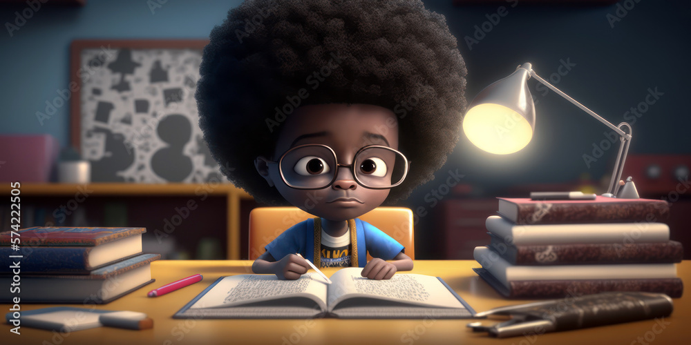 Child reading a book. Cartoon school student with afro hair studying ...