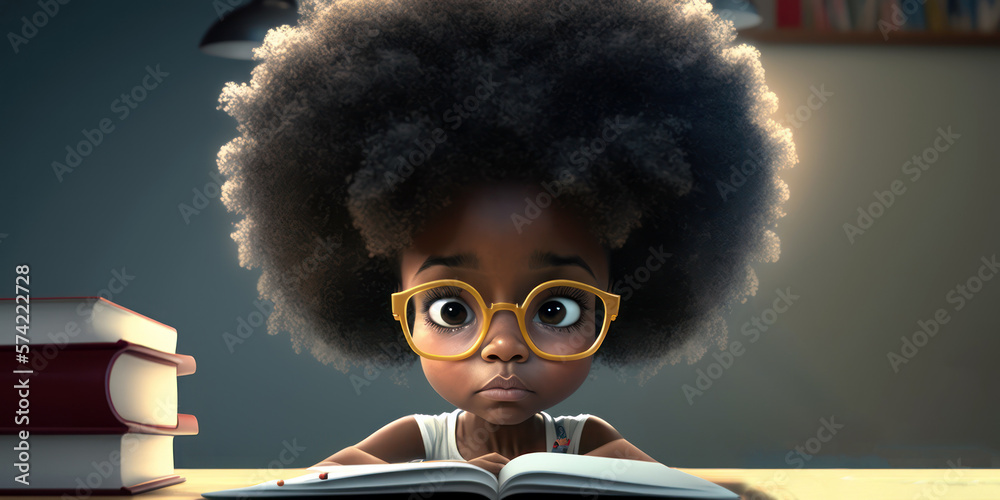 Child reading a book. Cartoon school student girl with afro hair and ...