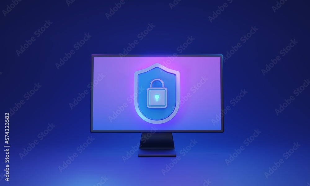 Cybersecurity 3D concept illustration with shield and key lock on a ...