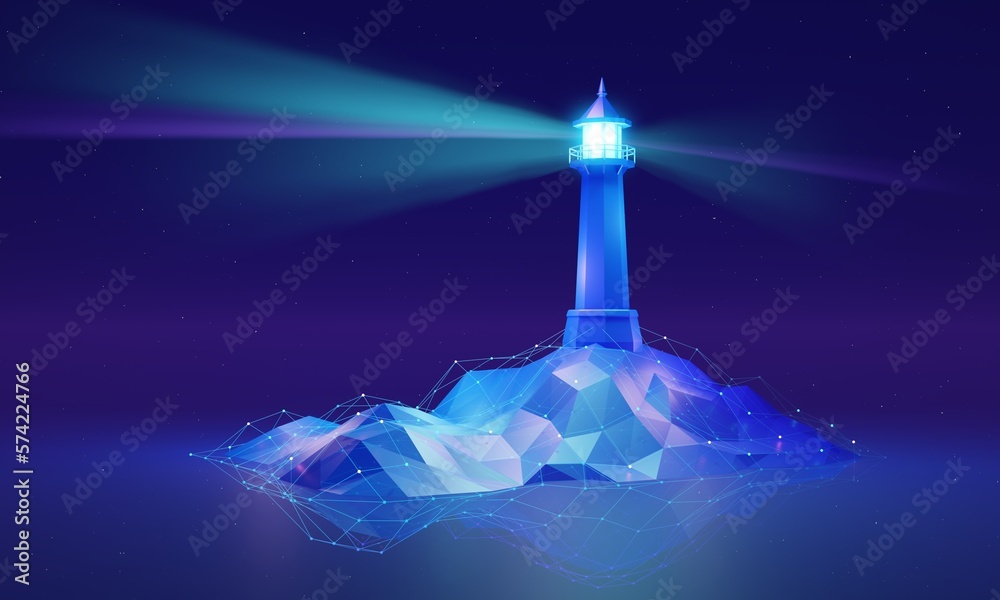 Towering lighthouse in a futuristic, digital world, 3D illustration ...