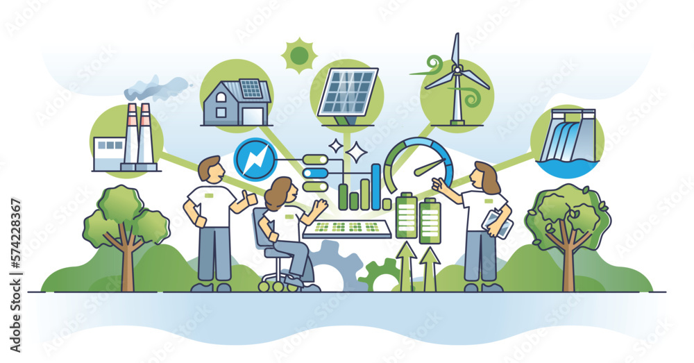 Smart grid station with renewable and green electricity power outline ...