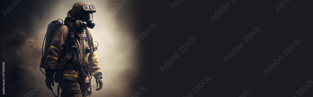 Fireman wearing firefighter turnouts and helmet. Dark background with ...