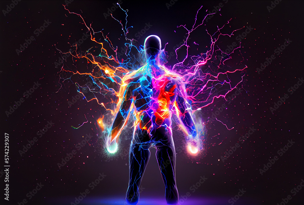 fantasy painting The man exploded with energy from his body,on black ...